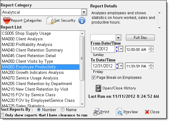Reports & Graphs Window